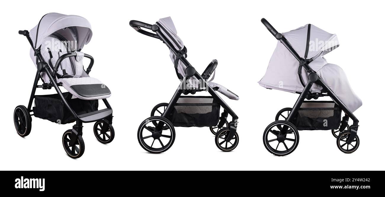 Modern baby stroller isolated on a white background showing different ...