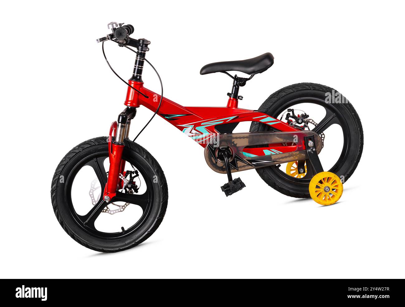 Bright red and black kid's bike with training wheels on a clean white ...