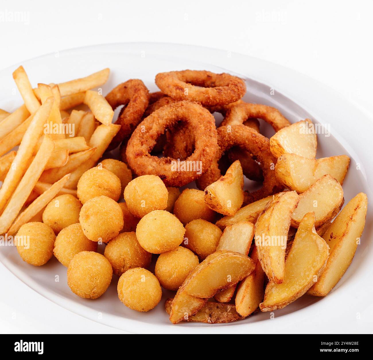 Delicious plate of fried appetizers including onion rings, french fries ...