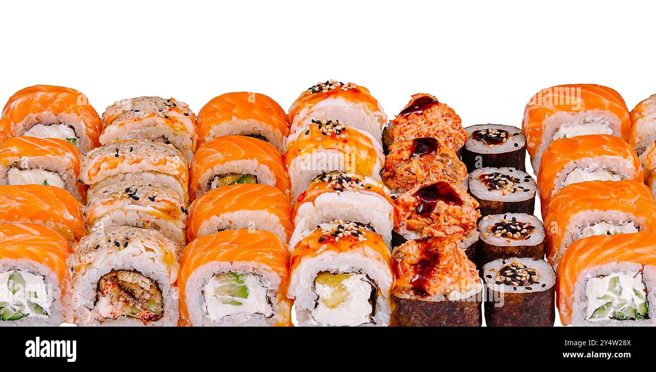 Different kinds of sushi rolls forming a rectangle on white background ...