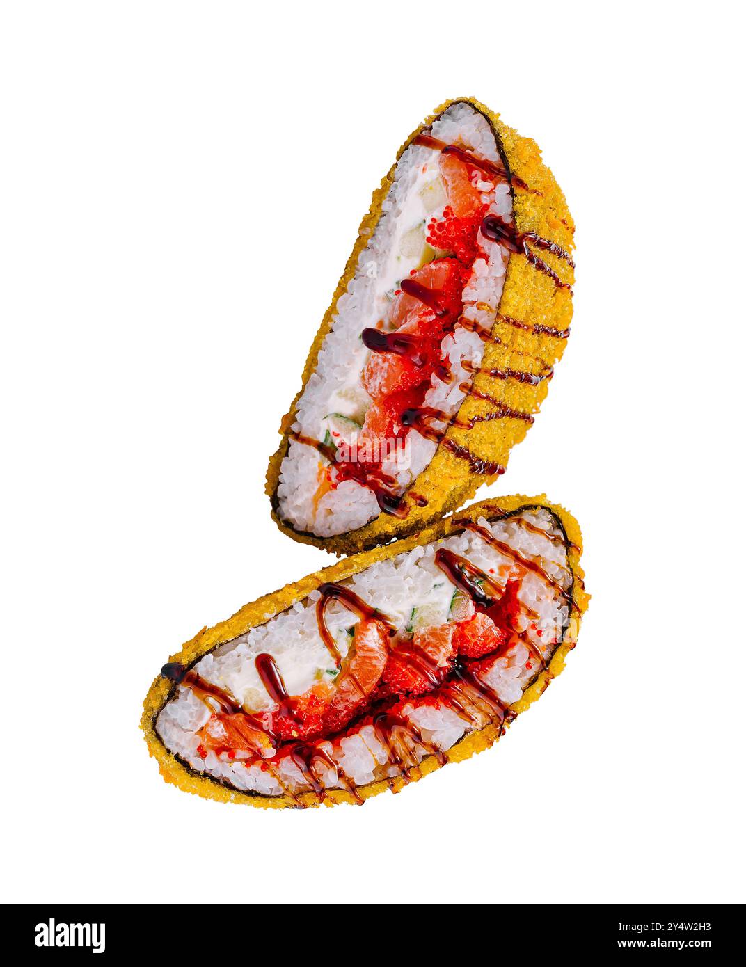 Two sushi rolls cut in half lying on a white background, showing the ...