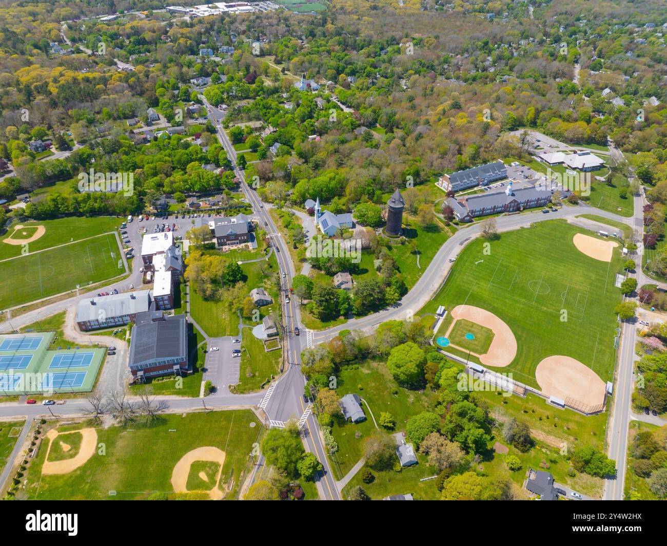 Scituate historic town center aerial view including Lawson Tower and ...