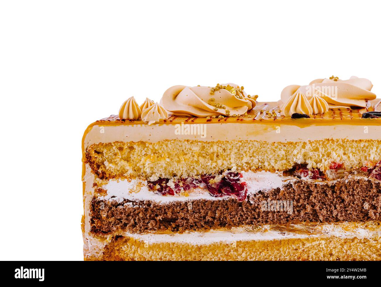 Showing delicious layers inside big rectangular cake with butter cream ...