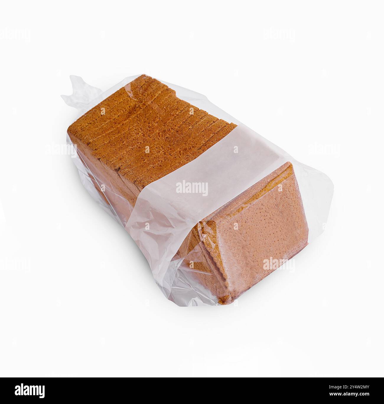 Loaf of toast bread wrapped in a plastic bag with a blank label ...