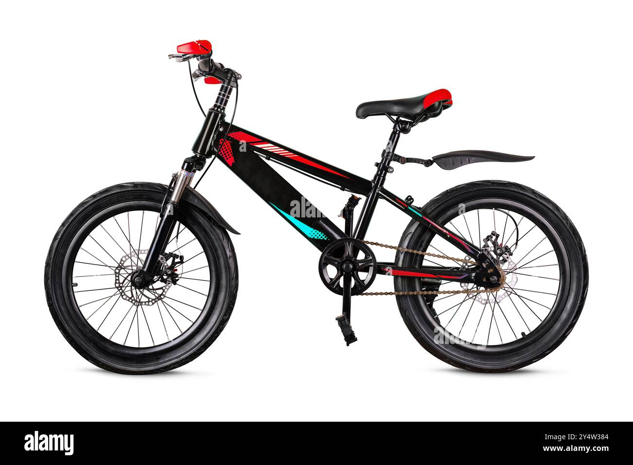 Sleek black, red and blue bmx bike with vibrant detailing stands ...