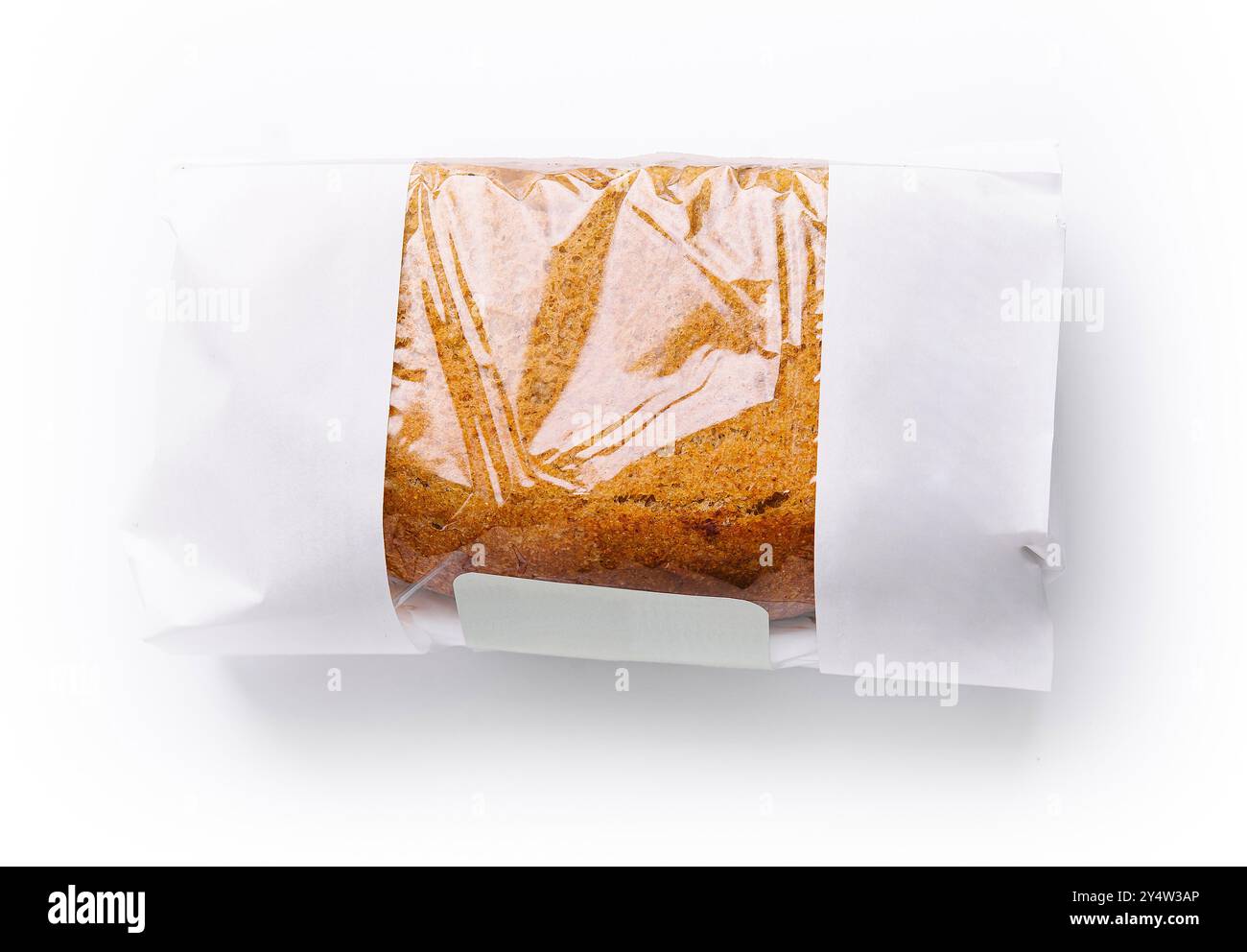 Delicious loaf of bread wrapped in plastic and paper packaging with ...