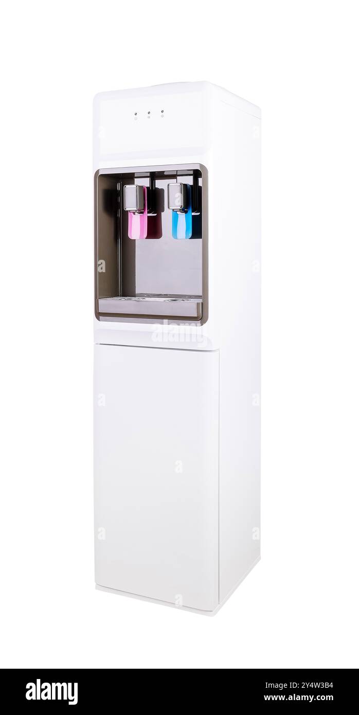Modern white water cooler dispensing cold and hot water isolated on a ...