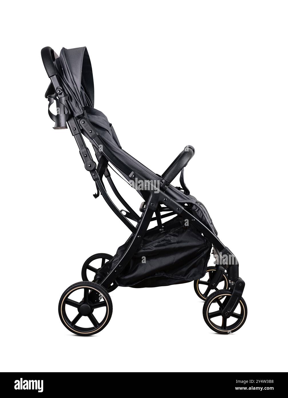 Modern black baby stroller standing folded on a white background Stock ...