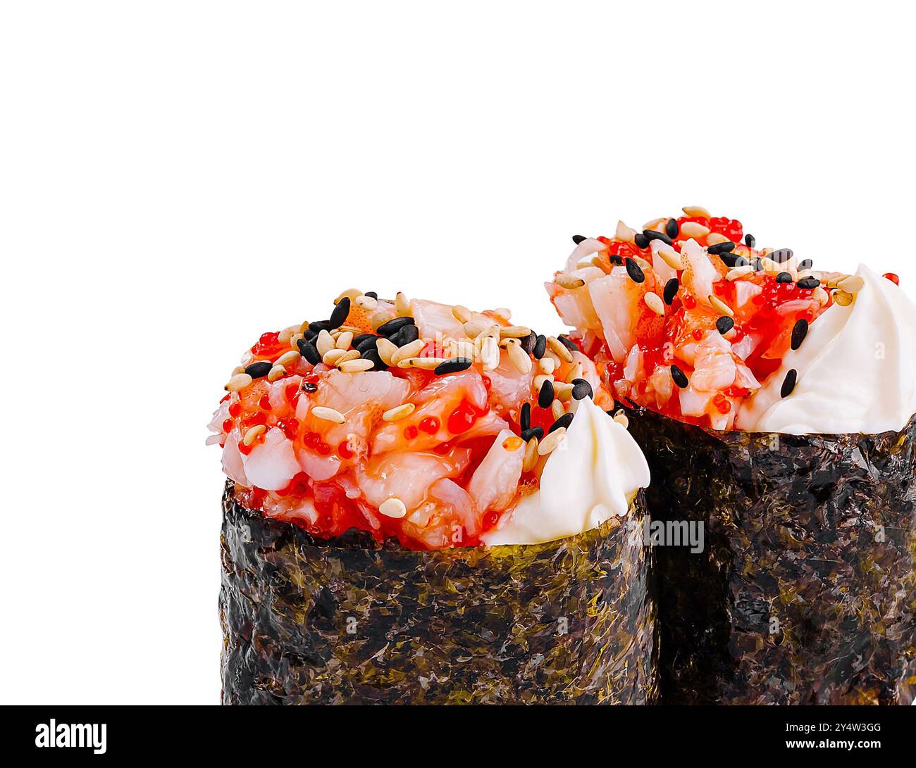Two delicious gunkan sushi pieces are presented, featuring tobiko and ...