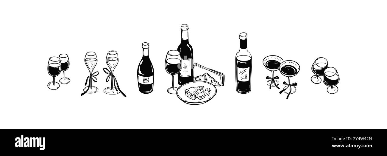 Wine bottles and glasses with brie cheese plate hand drawn linecut set ...