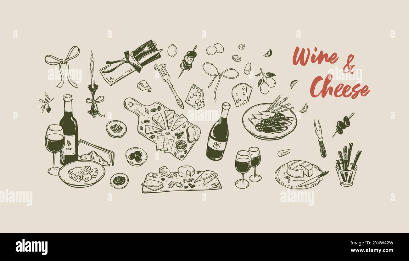 Wine and cheese hand drawn minimalist boho food vector illustration ...