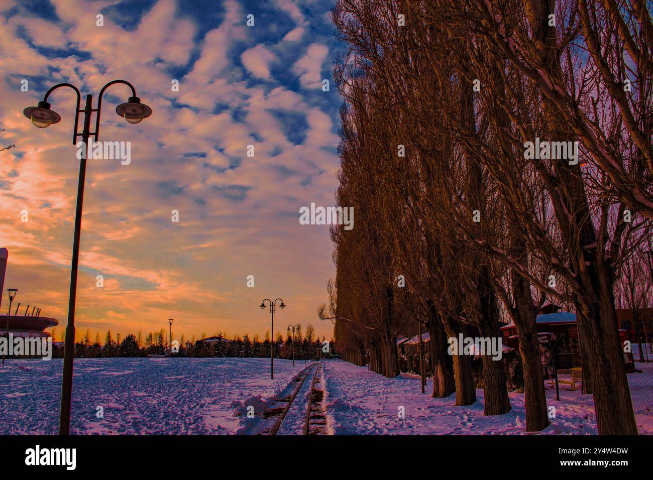 Winter wonderland snowy path under a twilight sky sazova park in ...