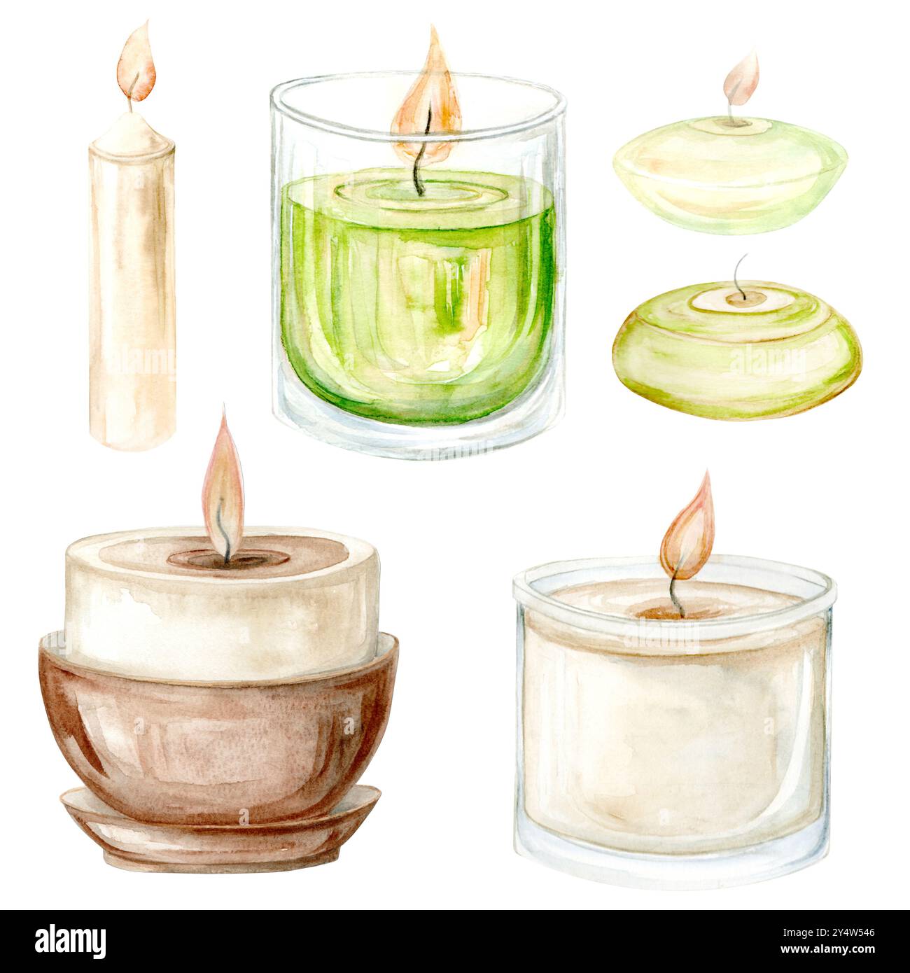 Candle Set. Watercolor Clip Art. The illustration is hand drawn in ...