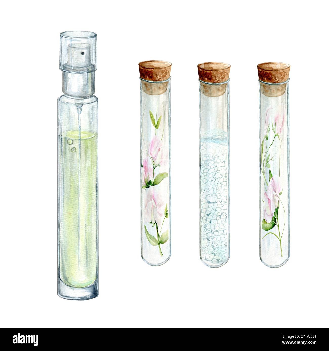 Perfumes and Test tubes with flowers for perfume making. Spa cosmetics ...
