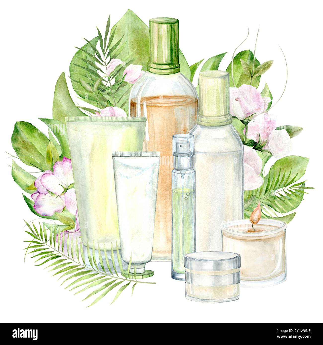 Spa cosmetics set, fragrant pea flowers, monstered and palm leaves ...