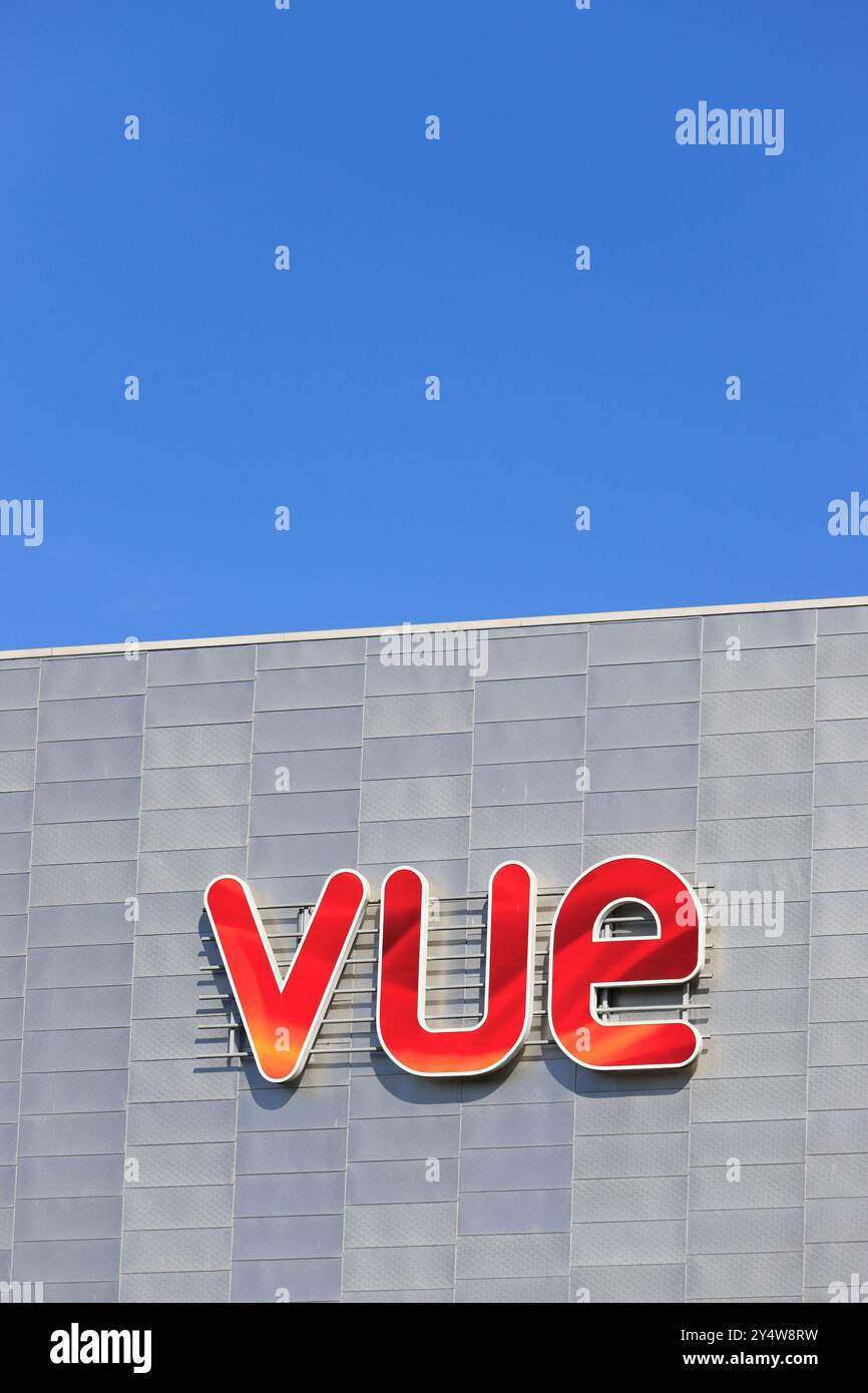 Vue cinema logo mounted on aluminium building facade with no windows in ...
