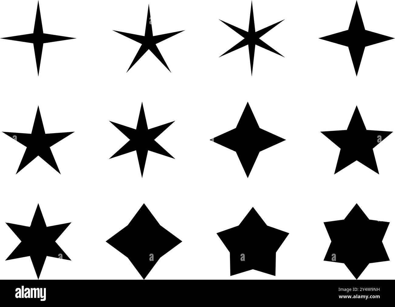 A set of black stars with different shapes and sizes. Vector ...