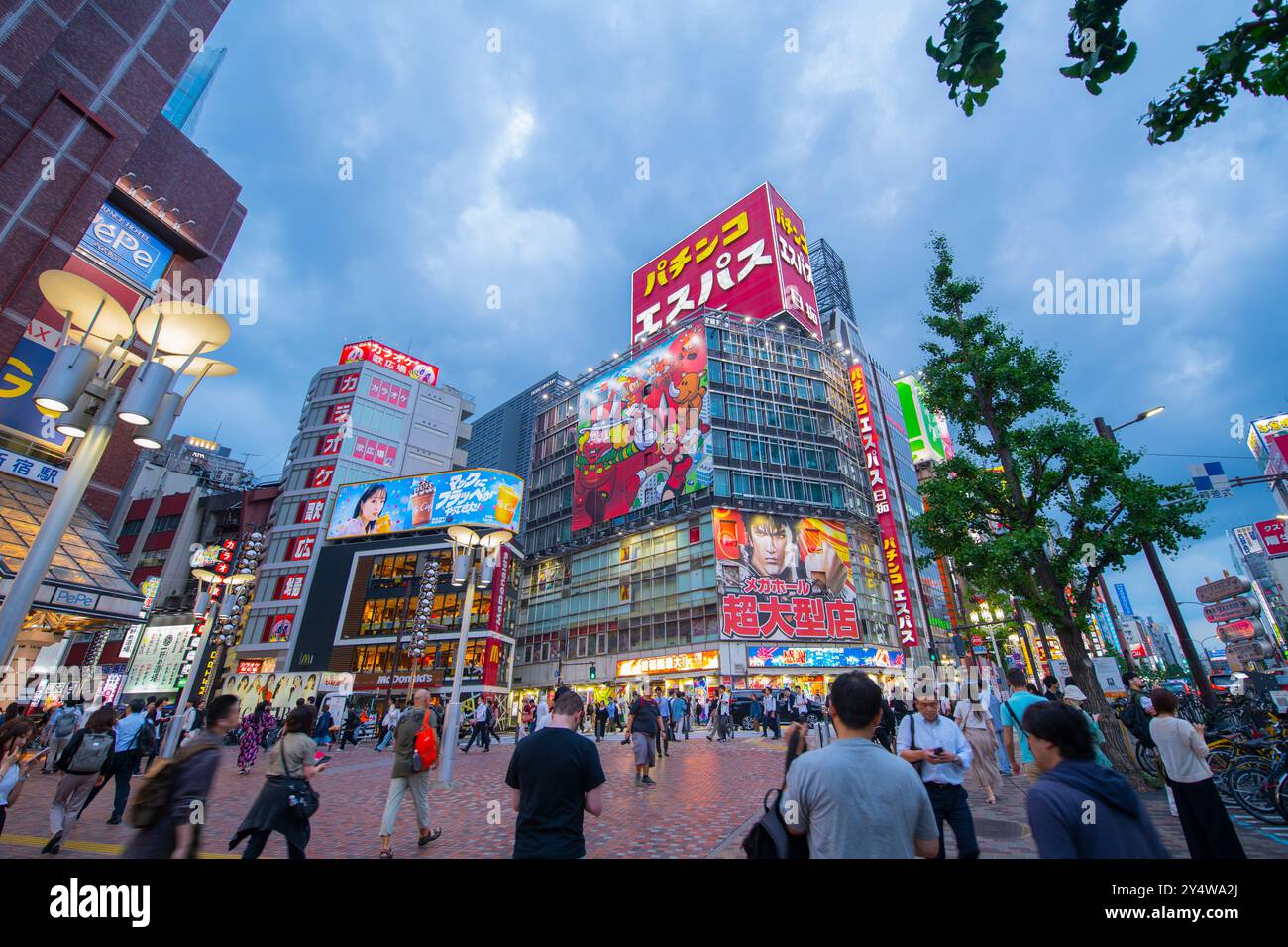 Modern shopping mall with neon light at sunset on Seibu Shinjuku ...
