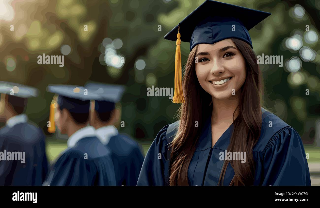 A proud college graduate stands in her cap & gown, holding her diploma ...