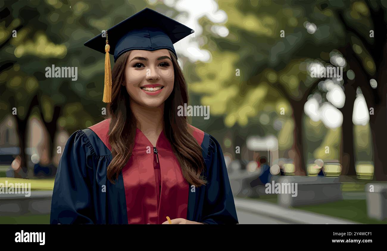 A proud college graduate stands in her cap & gown, holding her diploma ...