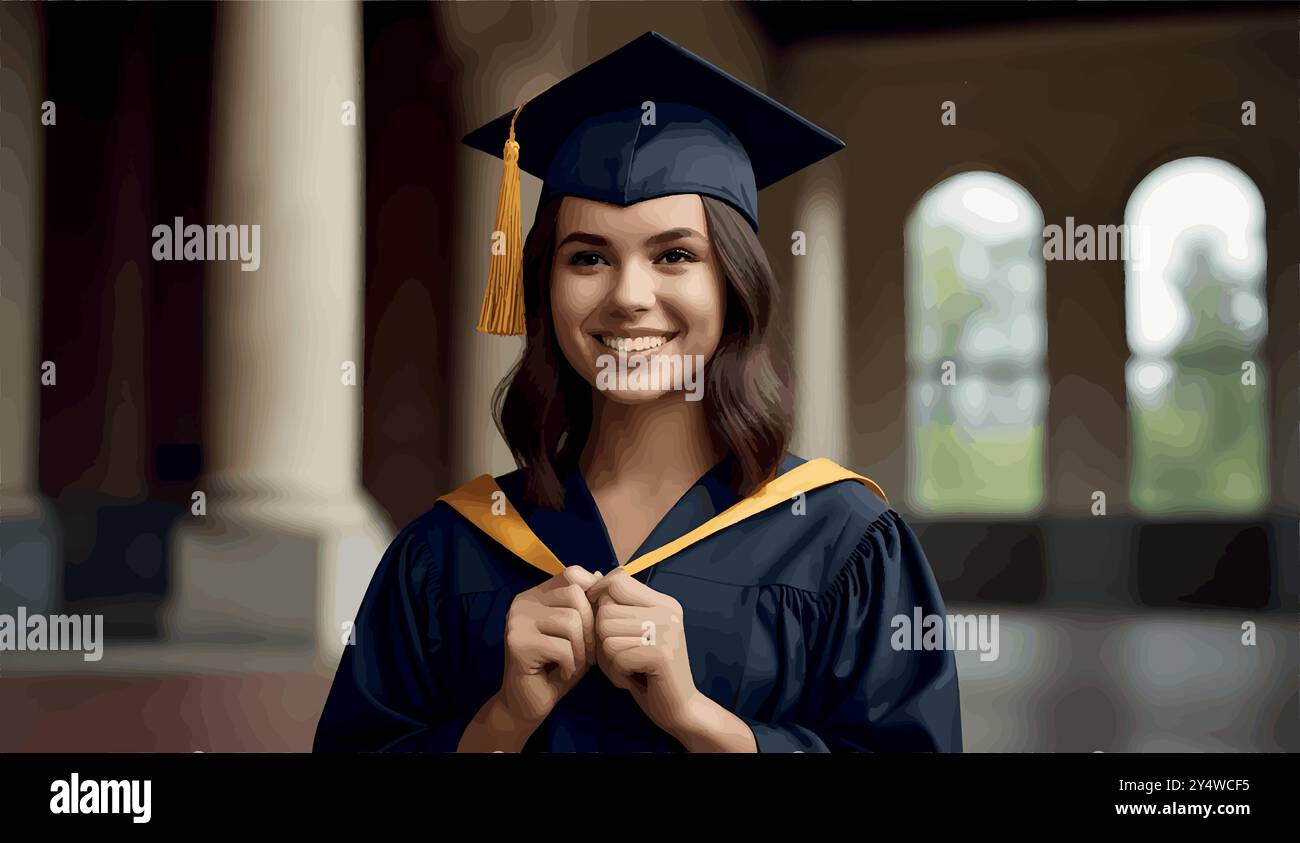 A proud college graduate stands in her cap & gown, holding her diploma ...