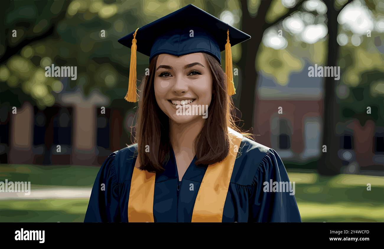 A proud college graduate stands in her cap & gown, holding her diploma ...
