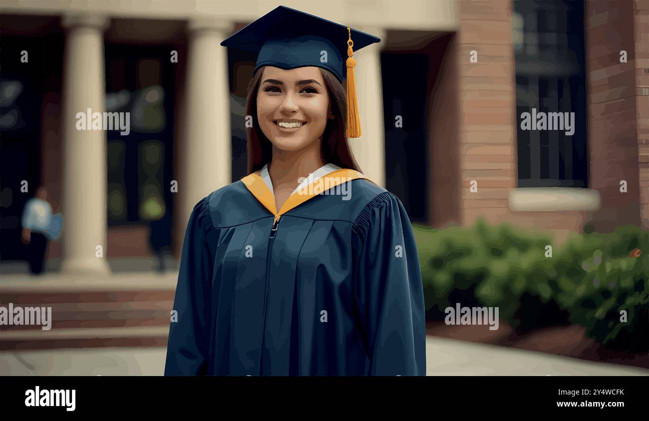 A proud college graduate stands in her cap & gown, holding her diploma ...