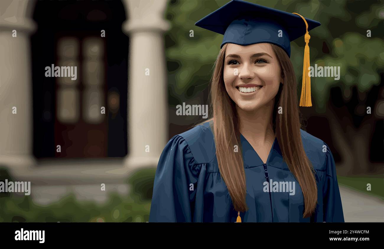 A proud college graduate stands in her cap & gown, holding her diploma ...