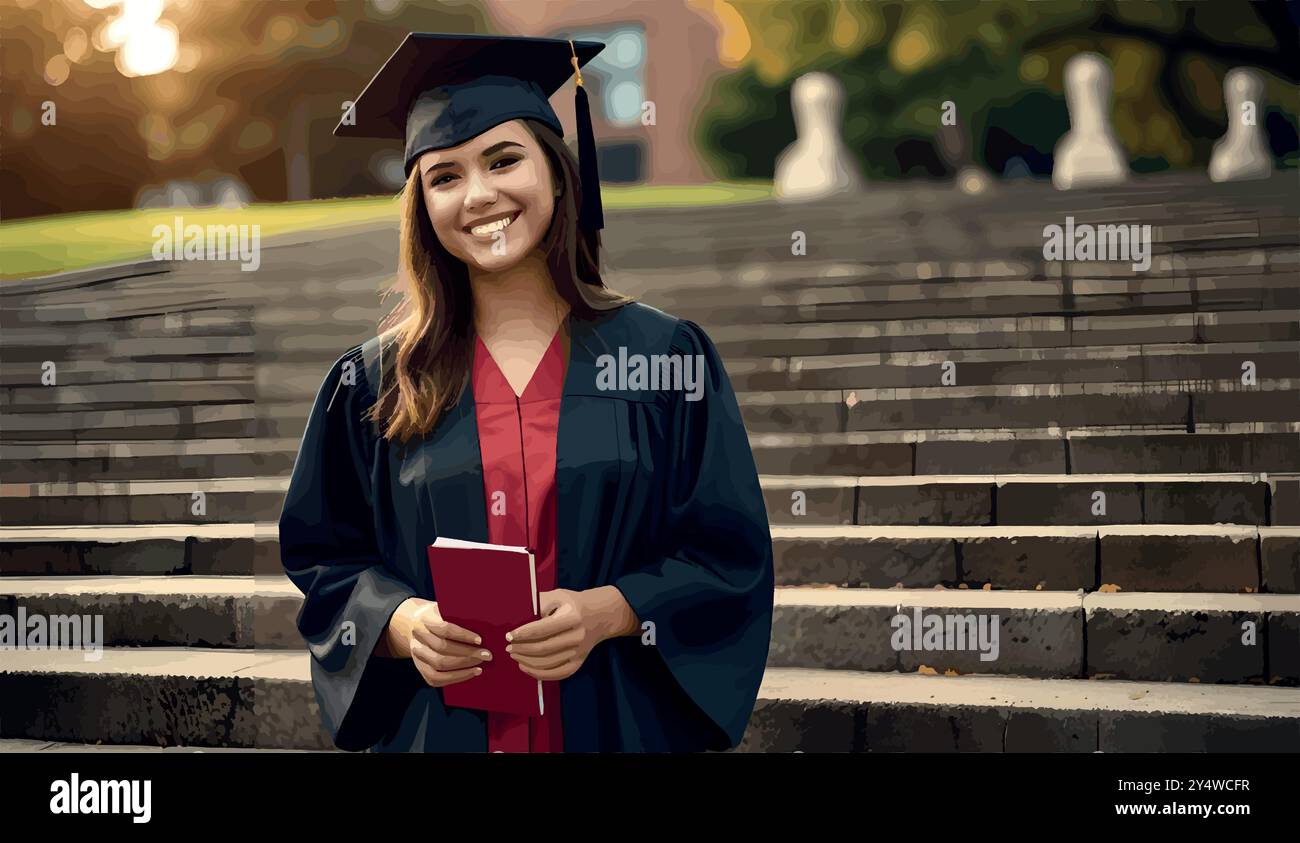 A proud college graduate stands in her cap & gown, holding her diploma ...
