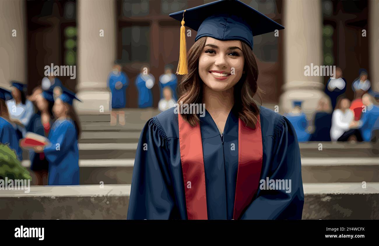 A proud college graduate stands in her cap & gown, holding her diploma ...