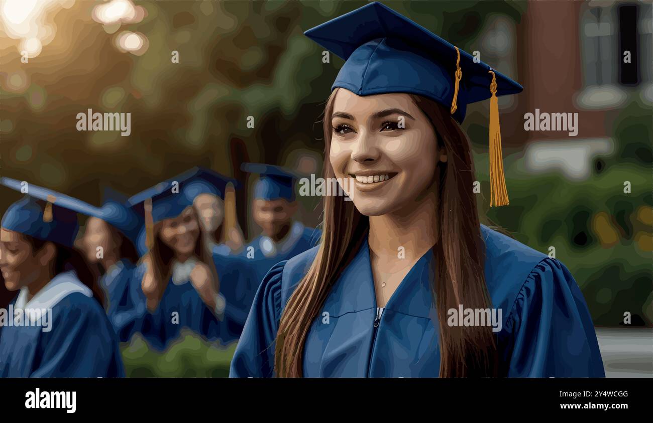 A proud college graduate stands in her cap & gown, holding her diploma ...