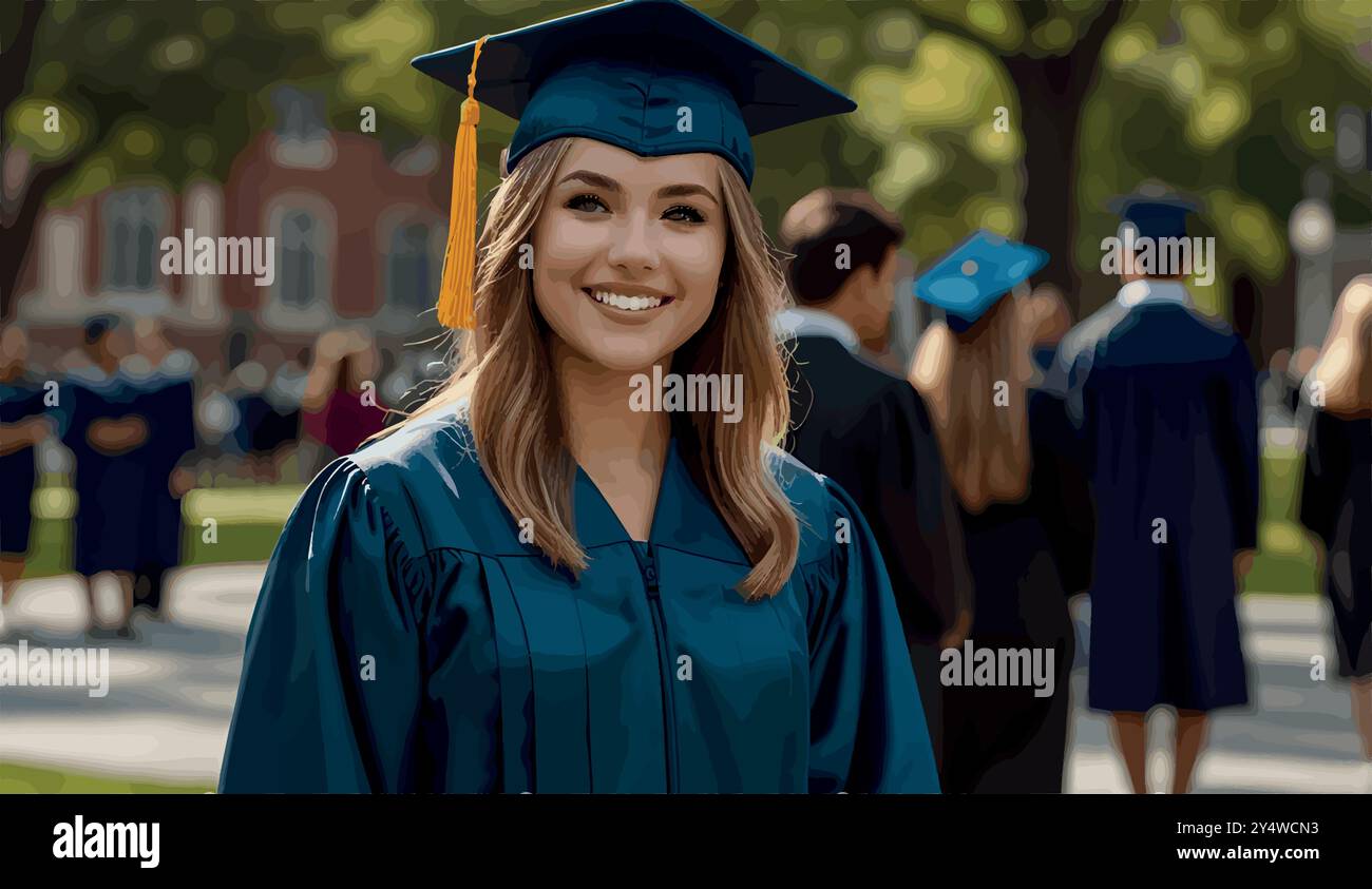A proud college graduate stands in her cap & gown, holding her diploma ...