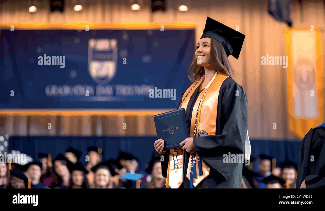 A proud college graduate stands in her cap & gown, holding her diploma ...