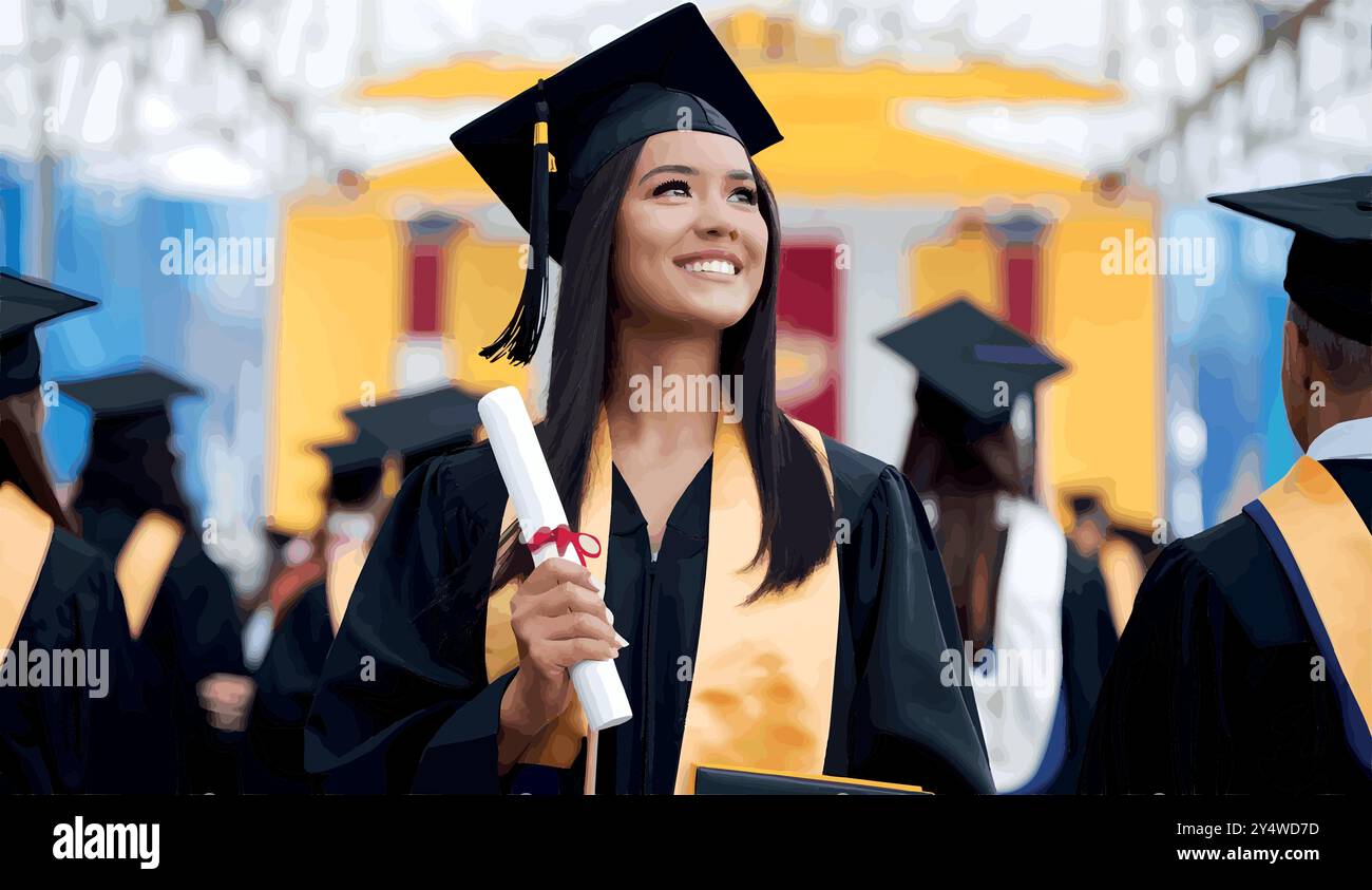 A proud college graduate stands in her cap & gown, holding her diploma ...
