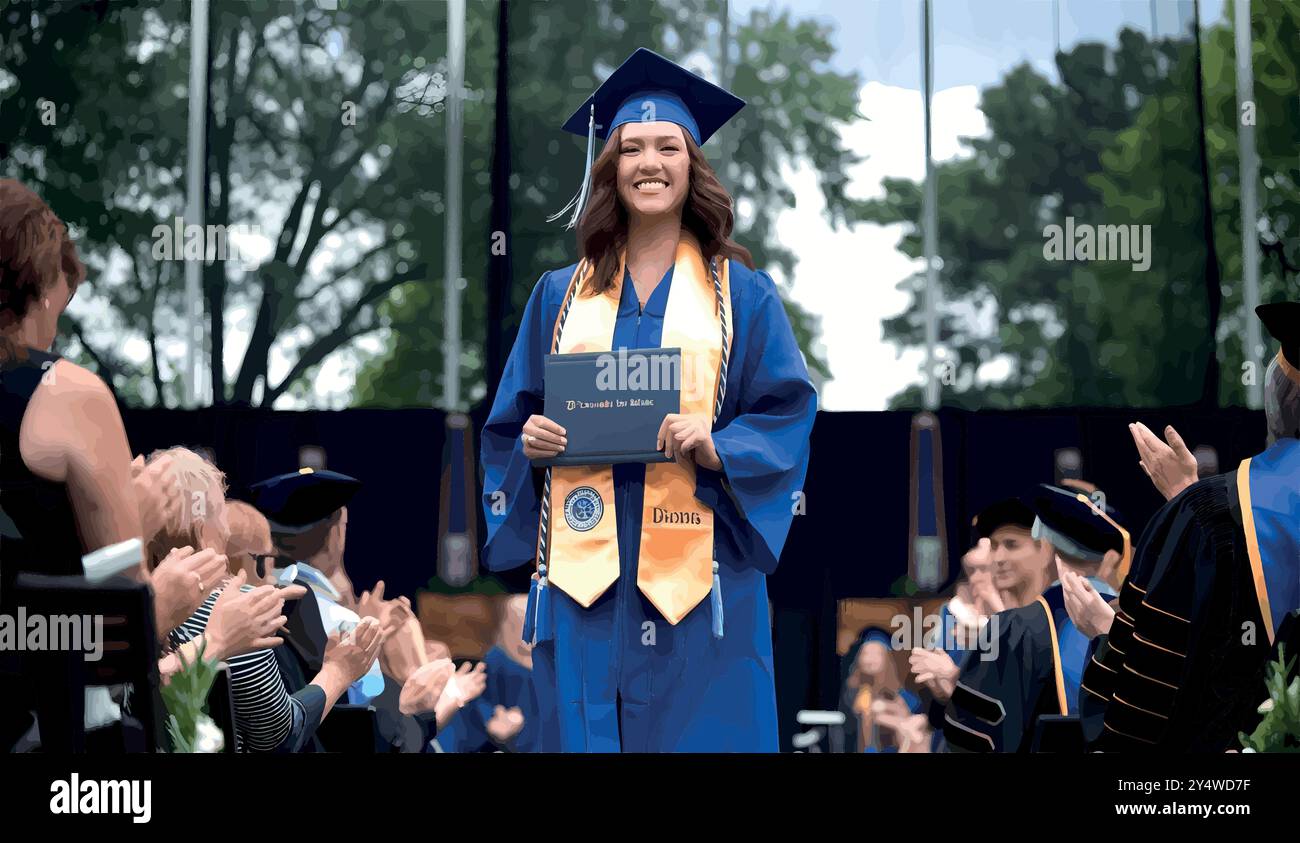 A proud college graduate stands in her cap & gown, holding her diploma ...
