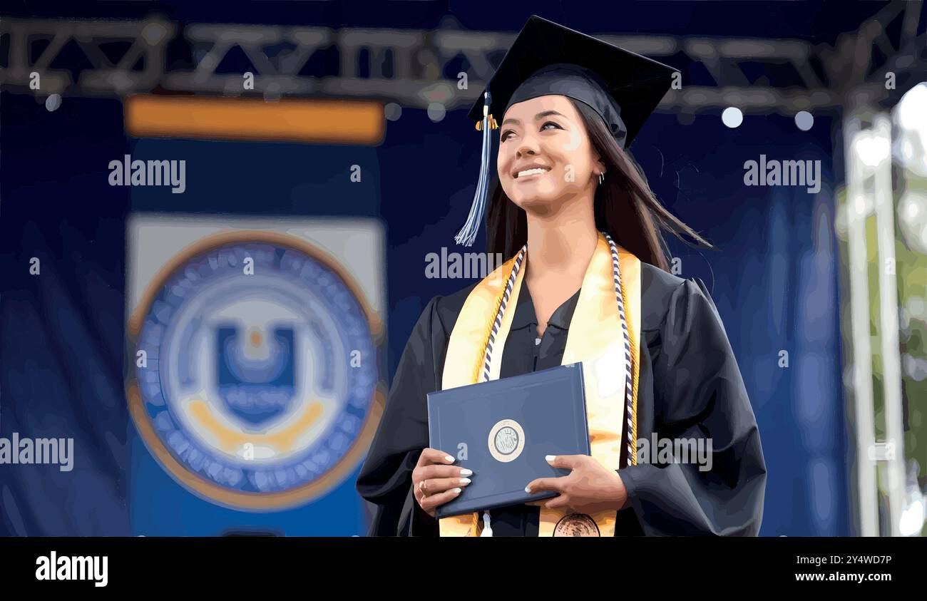 A proud college graduate stands in her cap & gown, holding her diploma ...
