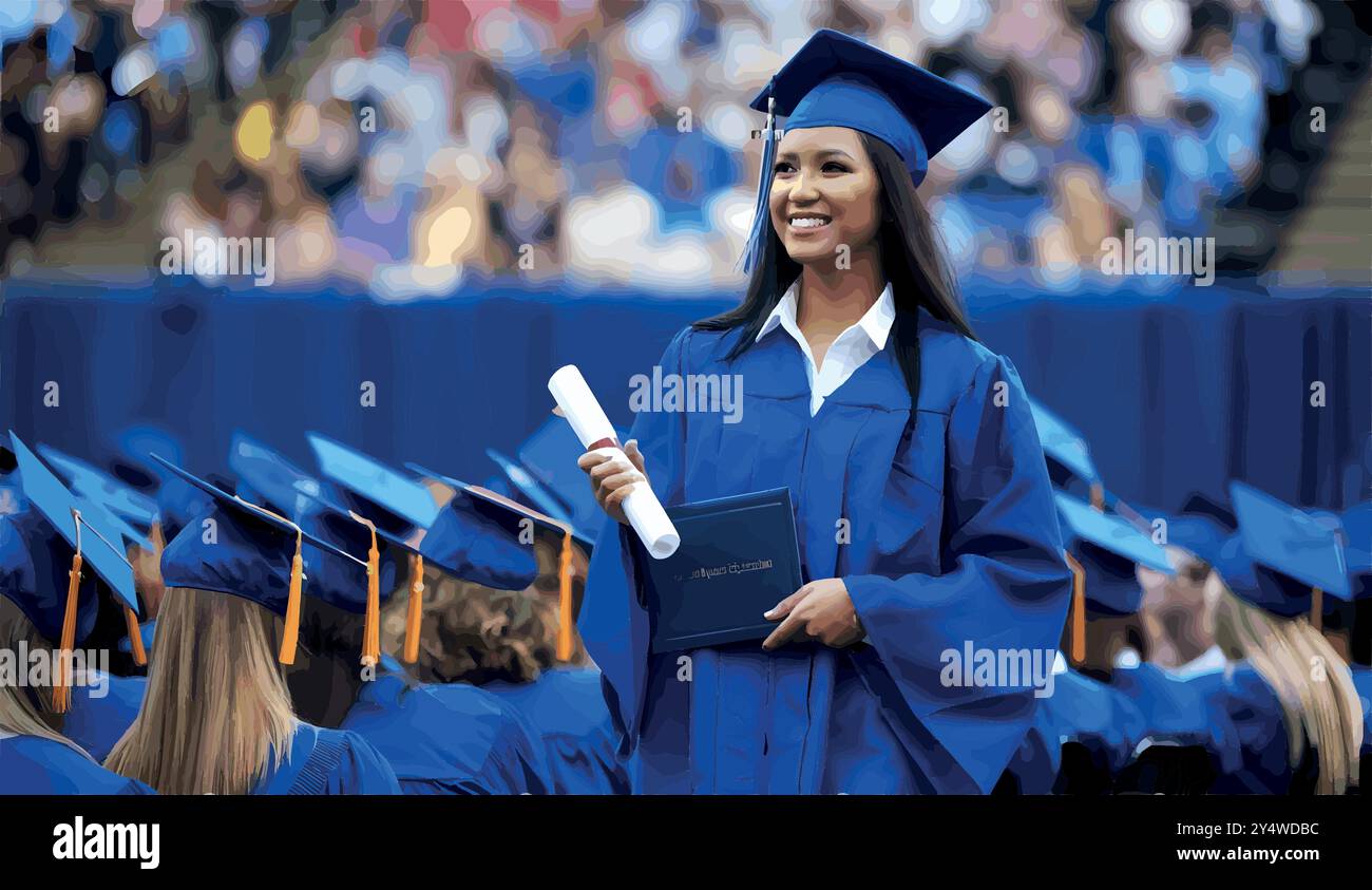 A proud college graduate stands in her cap & gown, holding her diploma ...