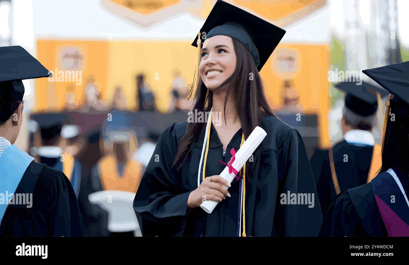 A proud college graduate stands in her cap & gown, holding her diploma ...