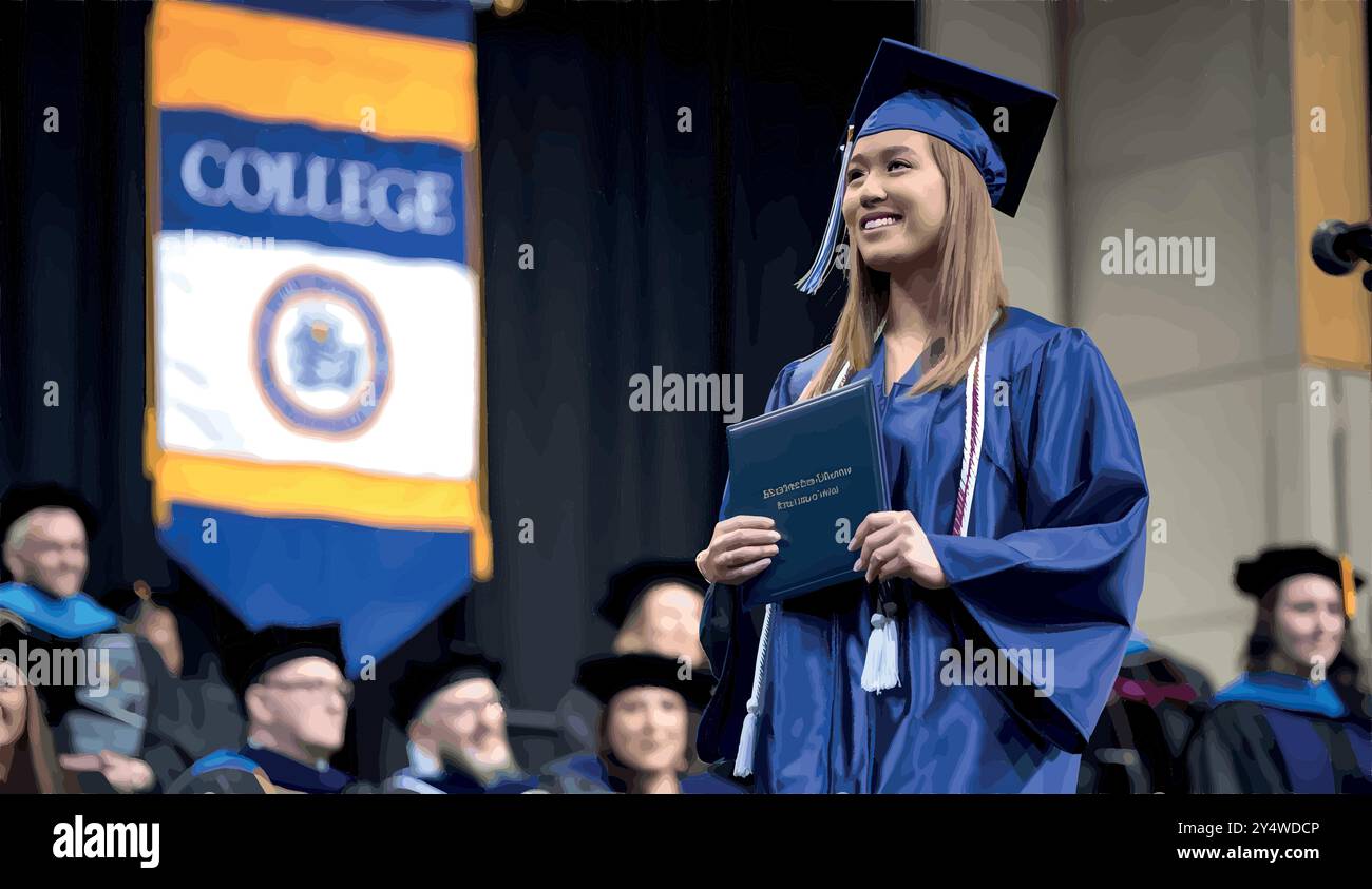 A proud college graduate stands in her cap & gown, holding her diploma ...