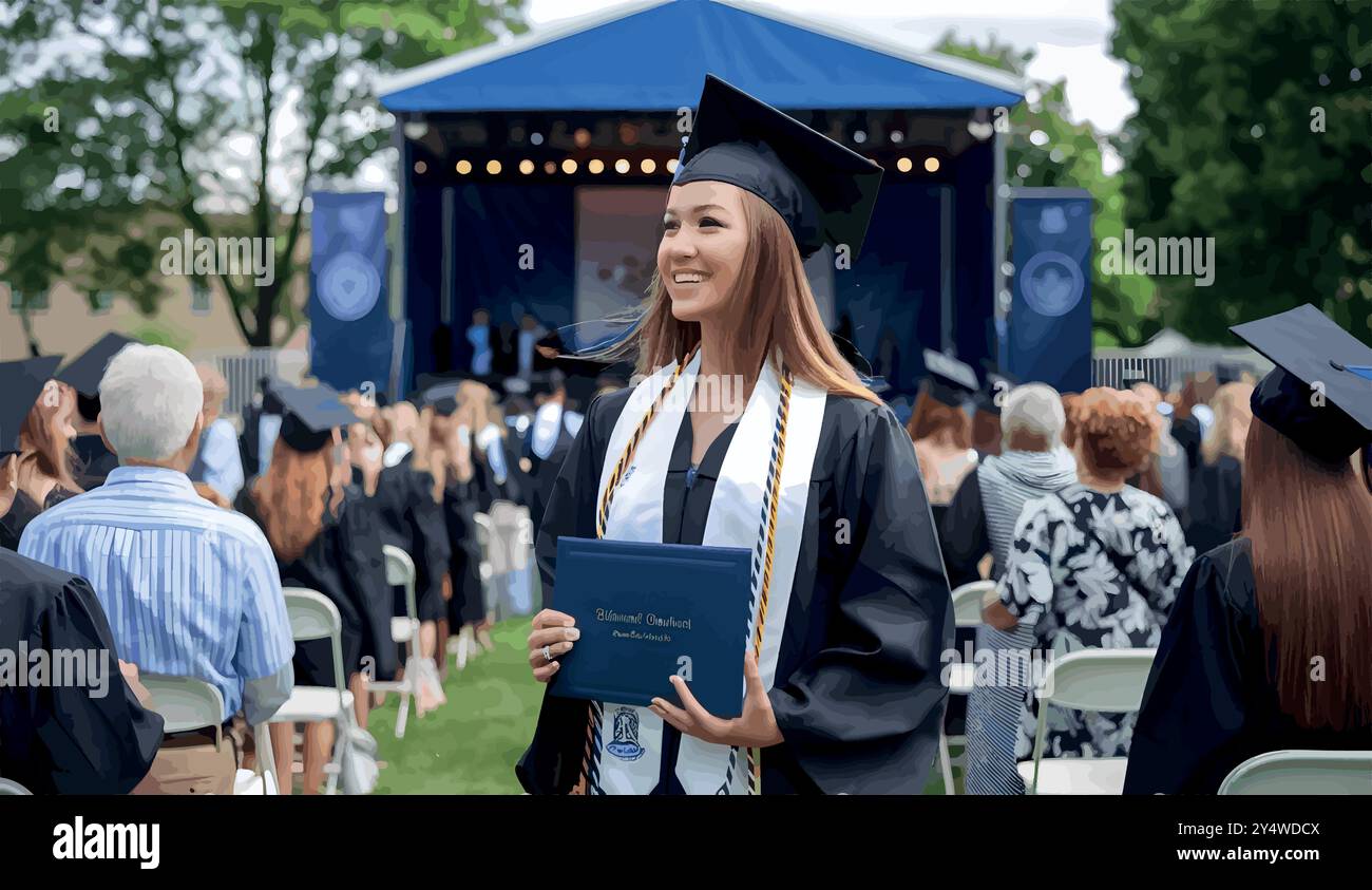 A proud college graduate stands in her cap & gown, holding her diploma ...