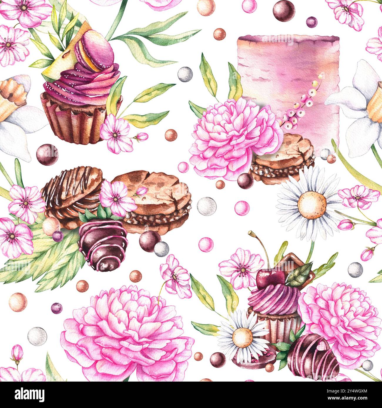 Watercolor sweet desserts with flowers hand drawn isolated 2 Stock ...
