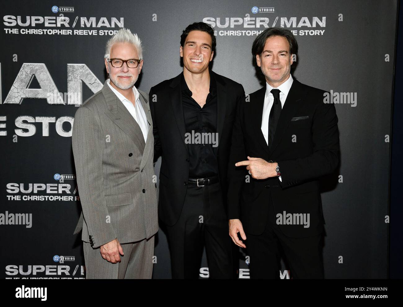 James Gunn, left, Will Reeve and Peter Safran attend the premiere of ...