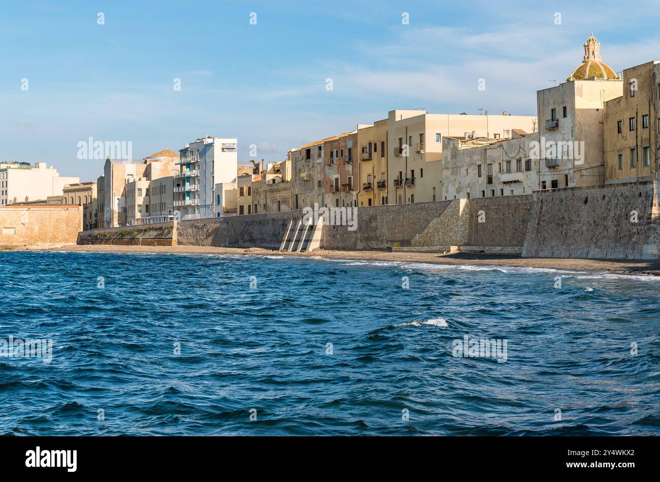 Old houses of Trapani city on the coast of Mediterranean sea in Sicily ...