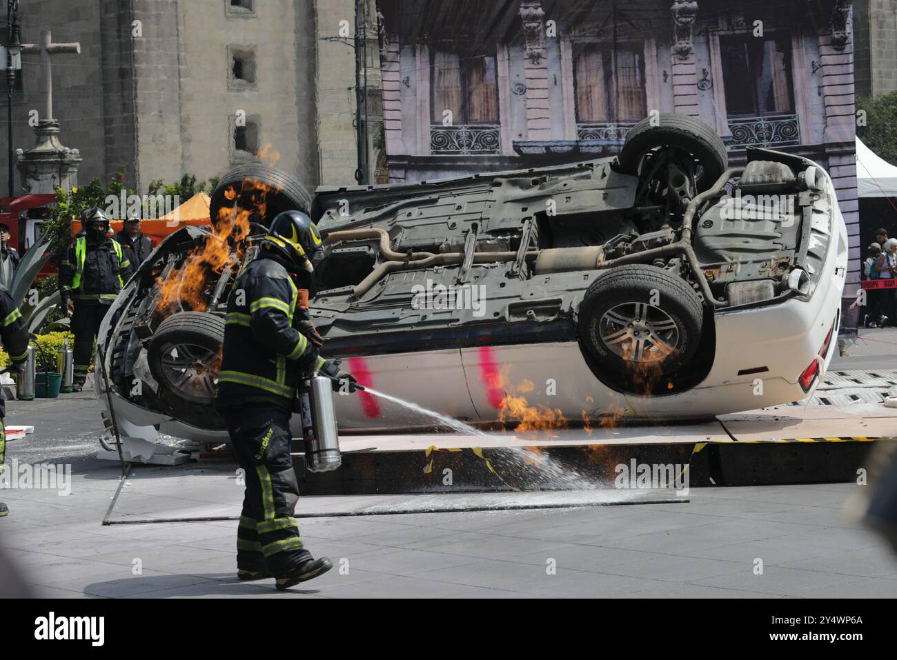 Non Exclusive: Rescuers and firefighters simulate an accident caused by ...