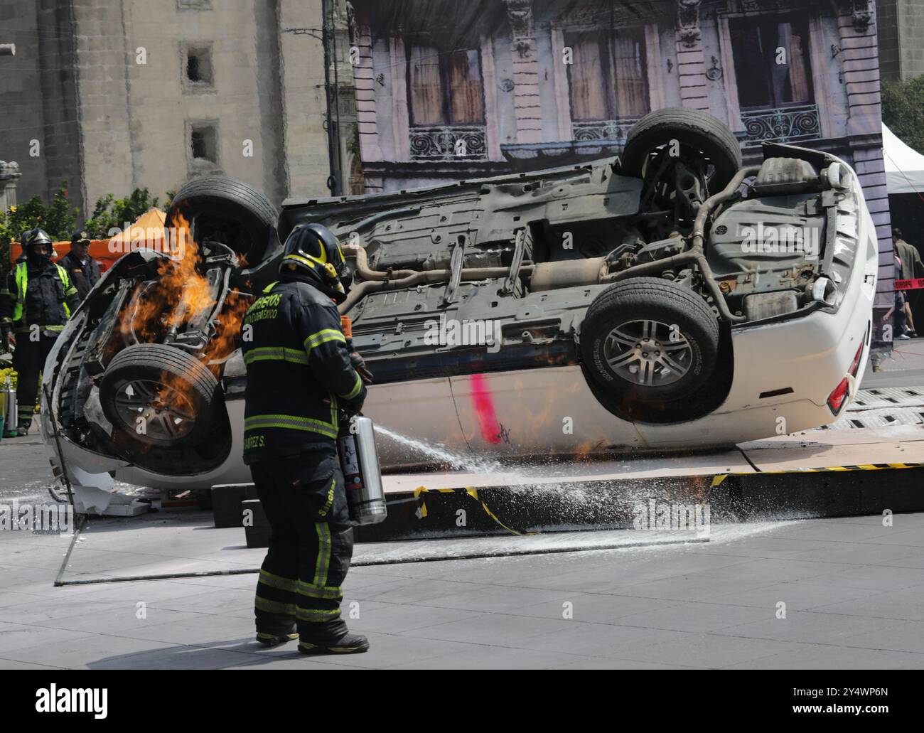 Non Exclusive: Rescuers and firefighters simulate an accident caused by ...