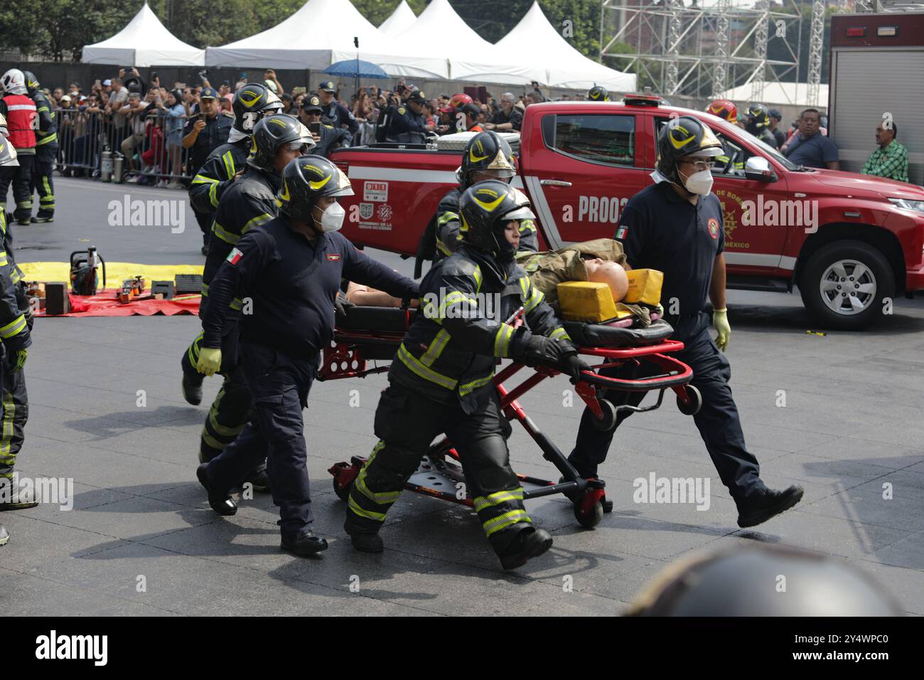 Non Exclusive: Rescuers and firefighters simulate an accident caused by ...