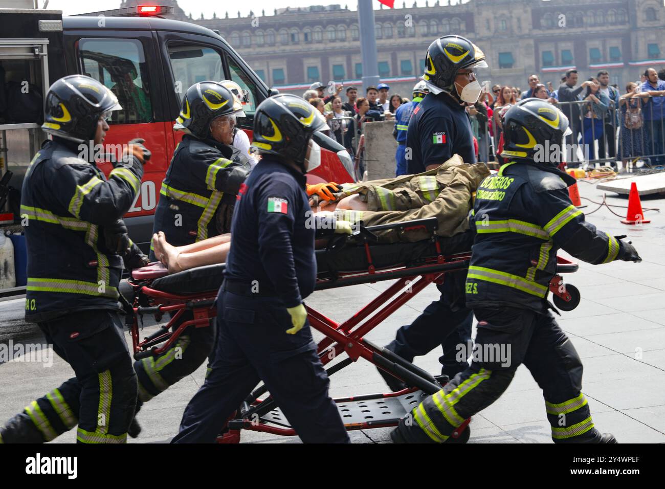 Non Exclusive: Rescuers and firefighters simulate an accident caused by ...