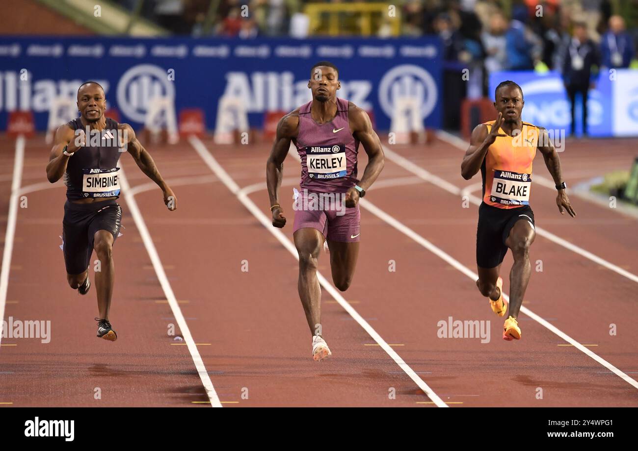Akani Simbine, Fred Kerley, and Ackeem Blake competing in the men 100m ...