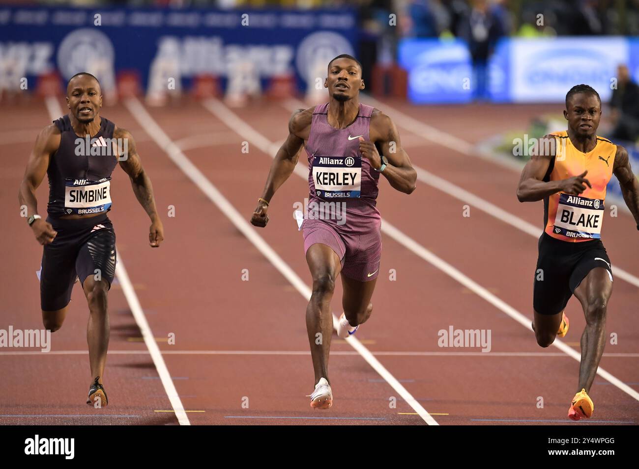 Akani Simbine, Fred Kerley, and Ackeem Blake competing in the men 100m ...