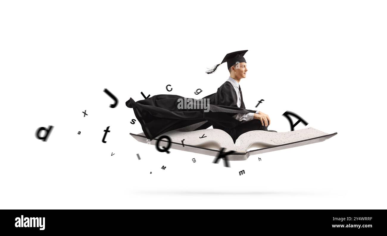 Graduate student sitting on a book with letters and flying isolated on ...
